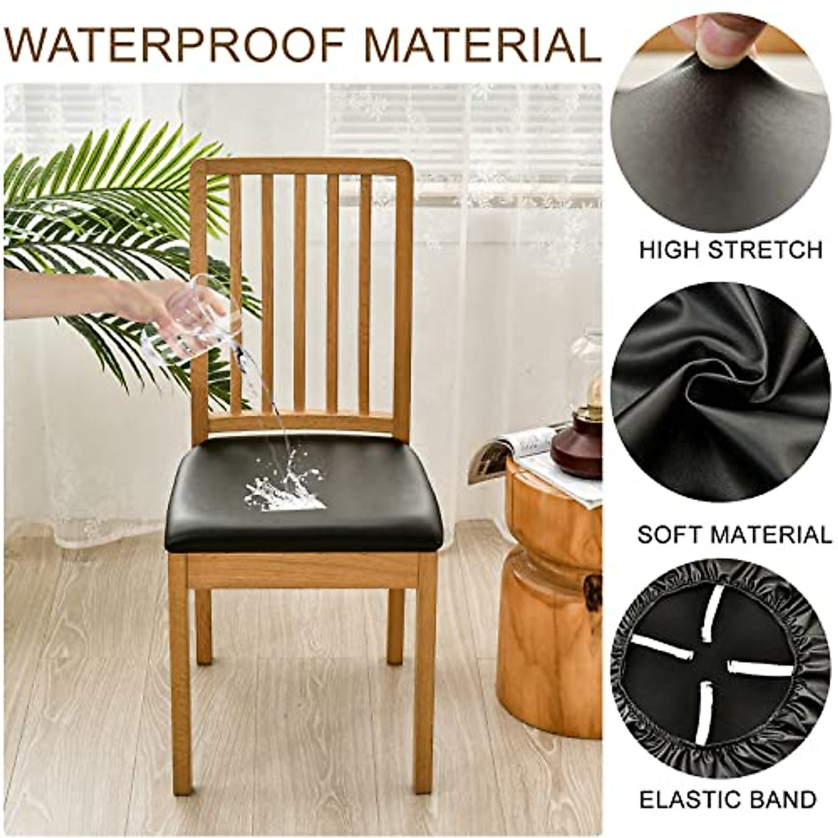 HAOYONG Chair Seat Covers Set of 4 PU Chair Covers for Dining Room Chair Covers Waterproof Chair Cushion Cover Kitchen Dining Seat Slipcovers Removable Upholstered Chair Protector Slipcover(Black)