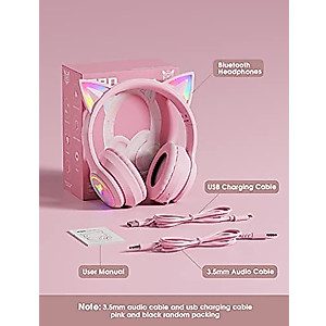 ONITOON Cat Ear Bluetooth Headphones with Micphone for Kids & Adults, LED Light Up Wireless HI-FI Sound Quality, Over-Ear Headphones with Volume Control for iPhone/iPad/Laptop/PC(55H Play Time)