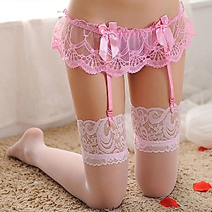 Women's Lace Top Sheer Thigh-High Stockings with Garter Belt Suspender Panties Pink