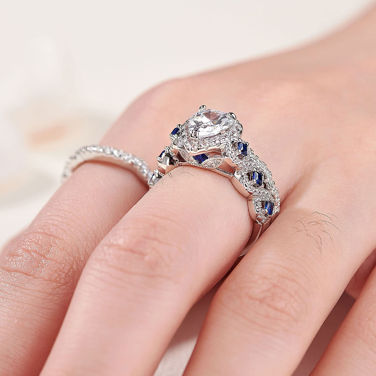 Newshe Engagement Wedding Ring Set 925 Sterling Silver 3pcs 3.0ct Pear Shape White Cz Blue Gemstone Size 7