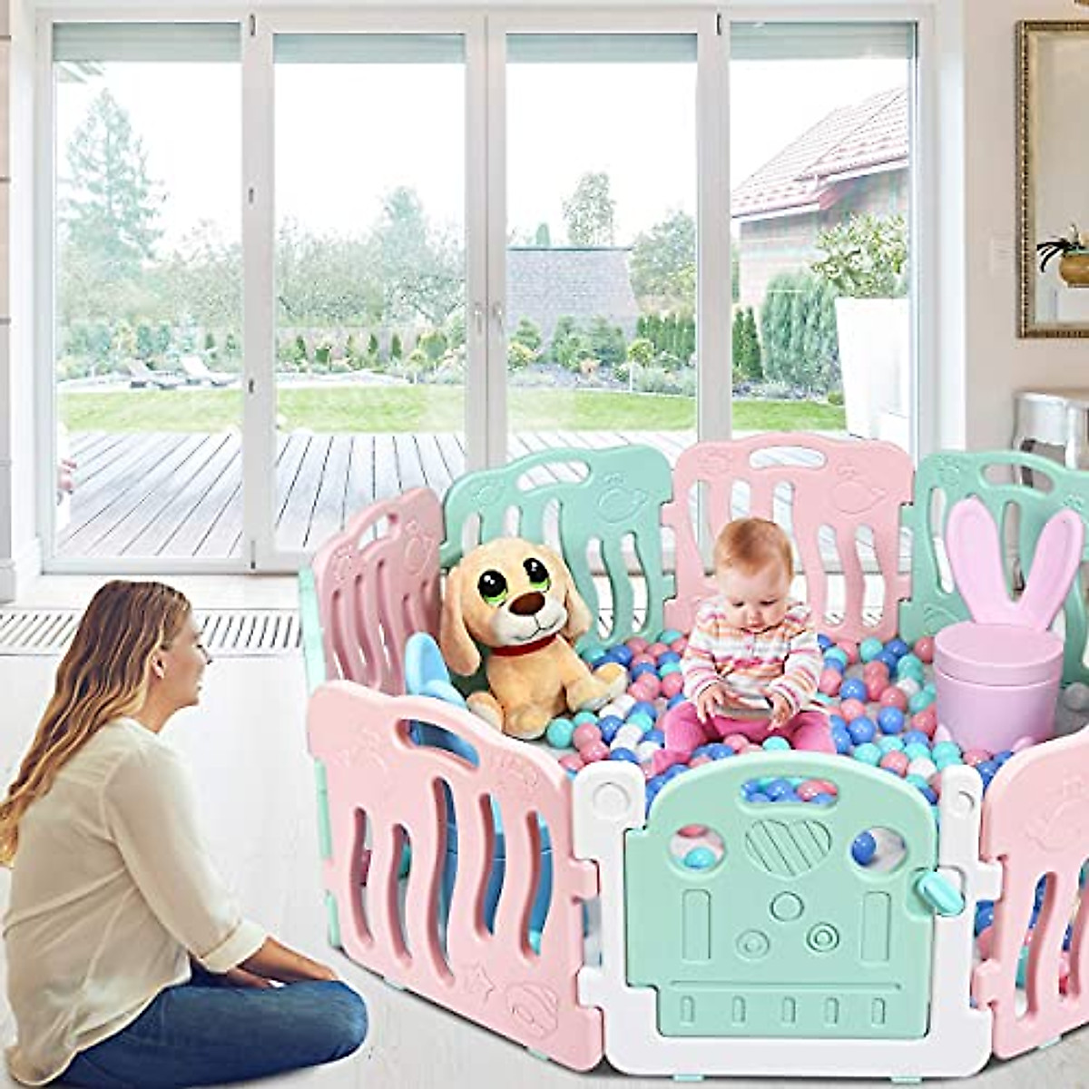 INFANS Baby Playpen, Kids Play Activity Center Yard for Toddlers, 10-Panel Safety Foldable Play Yard with Safety Lock, Adjustable Shape, Game Panel & Gate for Indoors or Outdoors (Green & Pink)