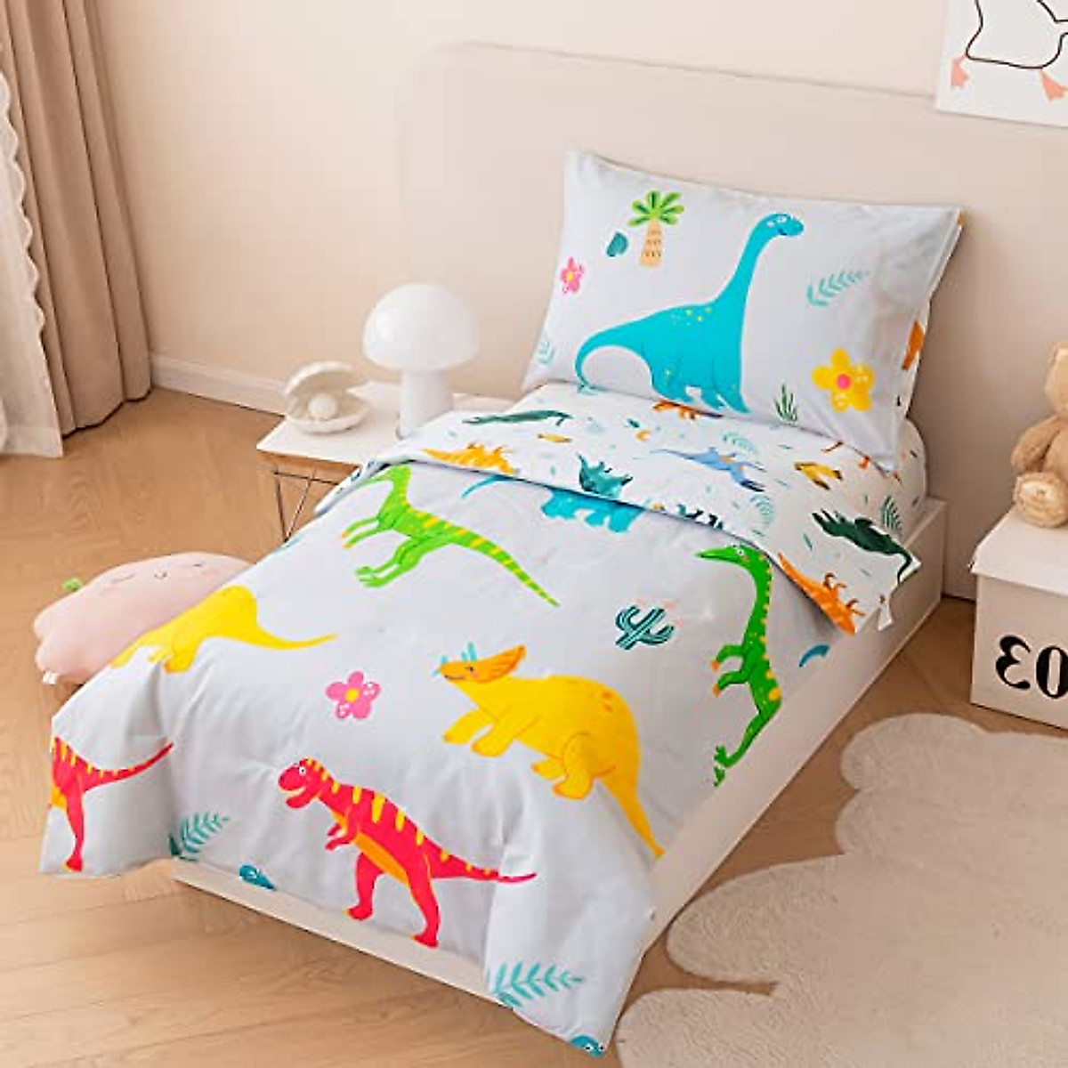 PERFEMET 4-Piece Toddler Bedding Set Cartoon Dinosaur Print Boys Toddler Comforter Reversible Colorful Kids Bed in A Bag Includes Comforter, Fitted Sheet, Flat Sheet and Pillowcase(Grey, Dinosaur)