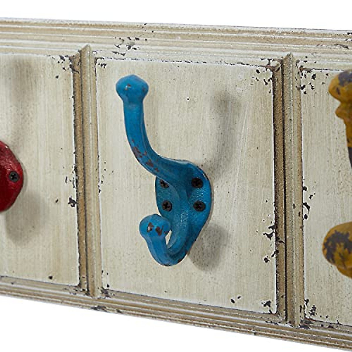 Deco 79 Wood 5 Hangers Wall Hook with Multi Colored Hooks, 24" x 4" x 7", White