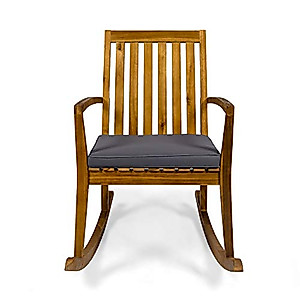 Great Deal Furniture Yvonne Patio Rocking Chair, Acacia Wood Frame, Traditional, Teak Finish with Dark Gray Cushions