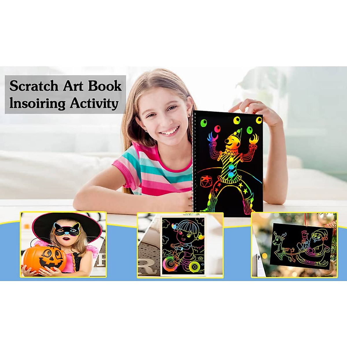 MAXZONE Scratch Paper Art Notebooks - Rainbow Scratch Off Art Kits for Kids Activity Color Book Pad Black Magic Art Craft Supplies Kits for Girls Boys Birthday Party Favor Game Christmas Toys Gift