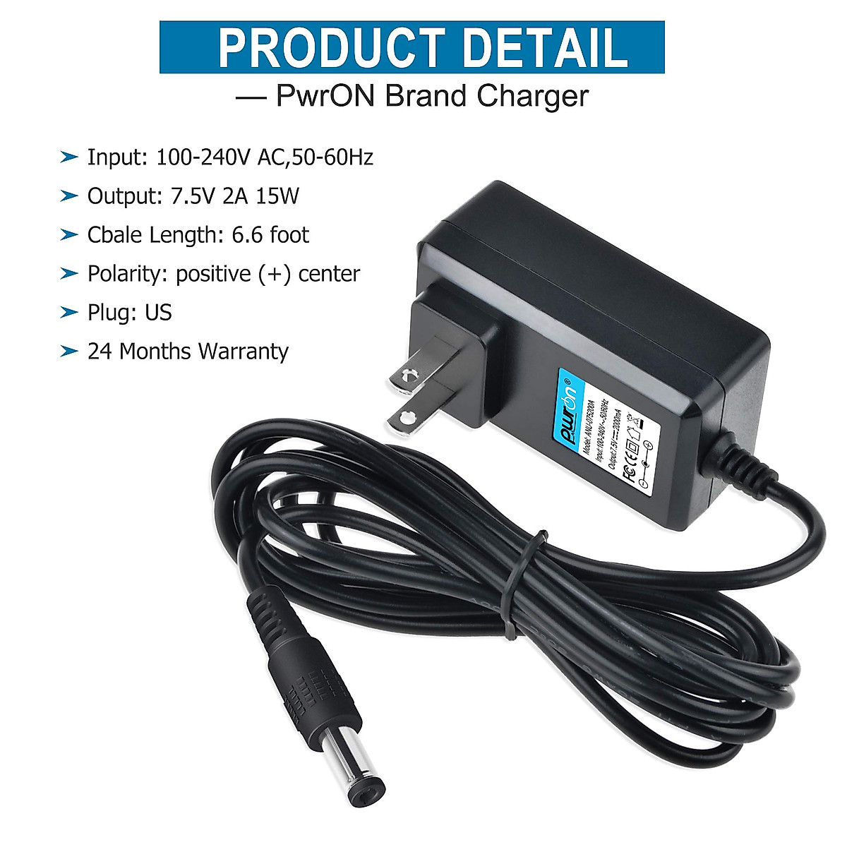 PwrON (6.6FT Cable) 7.5V 2A AC DC Adapter Compatible with for 400mA 500mA 800mA 1000mA DC Adapter Power Supply 5.5mm*2.1mm/2.5mm with Positive Center