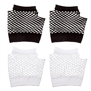 PENTA ANGEL 2 Pairs Fishnet Fingerless Gloves for Women Girls Halloween Cosplay (Short, Black, White)