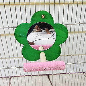 Bird Parrot Mirror Toy with Perch Cage Standing Accessories Parrot Parakeet Budgies Cockatiel Conure Finch Lovebird African Grey Macaw Amazon Cockatoo Birdcage Wood Perch(Color Random) (Flower Shape)