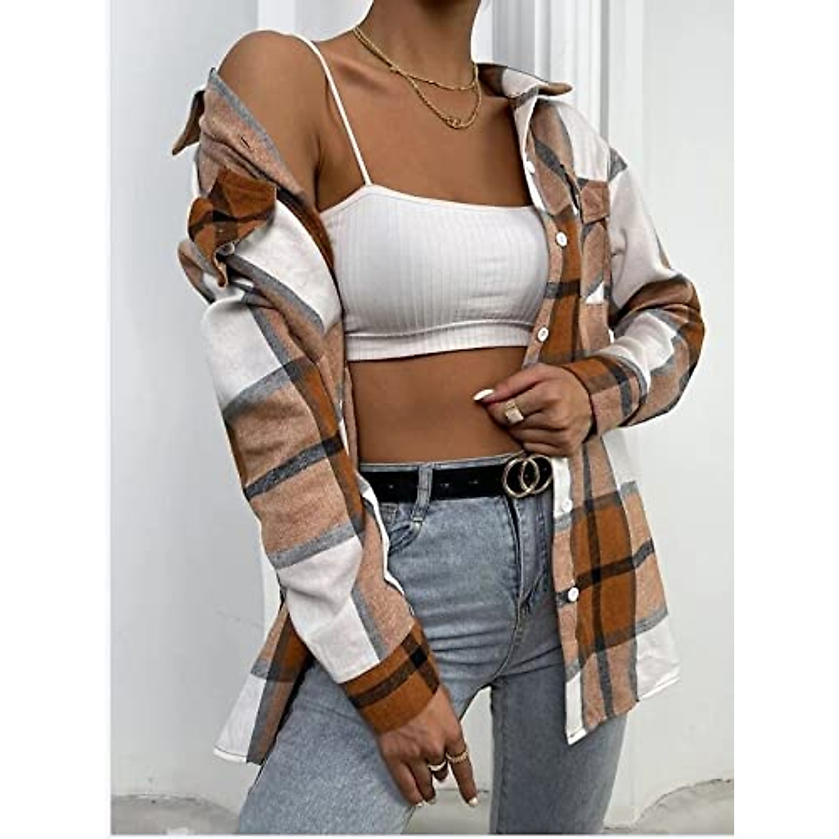 ZAFUL Shackets for Women 2022 Oversized Flannel Shirts for Women Plaid Jackets
