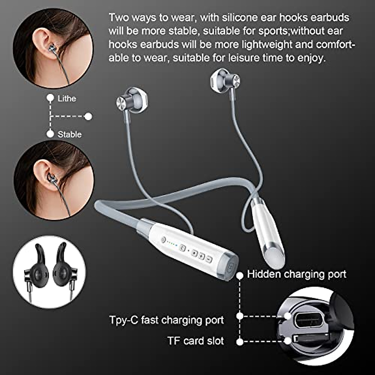EEAABBR Wireless Neckband Headphones with TF Card Slot 100 Hours Playtime The Neck Bluetooth Headset USB-C Fast Charging Built-in Noise Cancelling Mic Neckband Earbuds,for Sports,Trave,E-Books