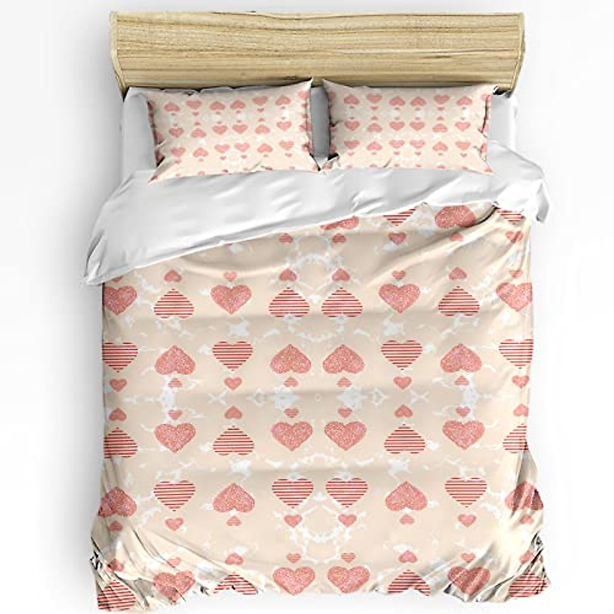 3 Pieces Bedding Set Twin Size, Red Love Heart Soft Durable Duvet Cover Set Comforter Cover Set with Zipper Closure All-Season Breathable Bedding Set Romantic White Geometric Red Striped Beige
