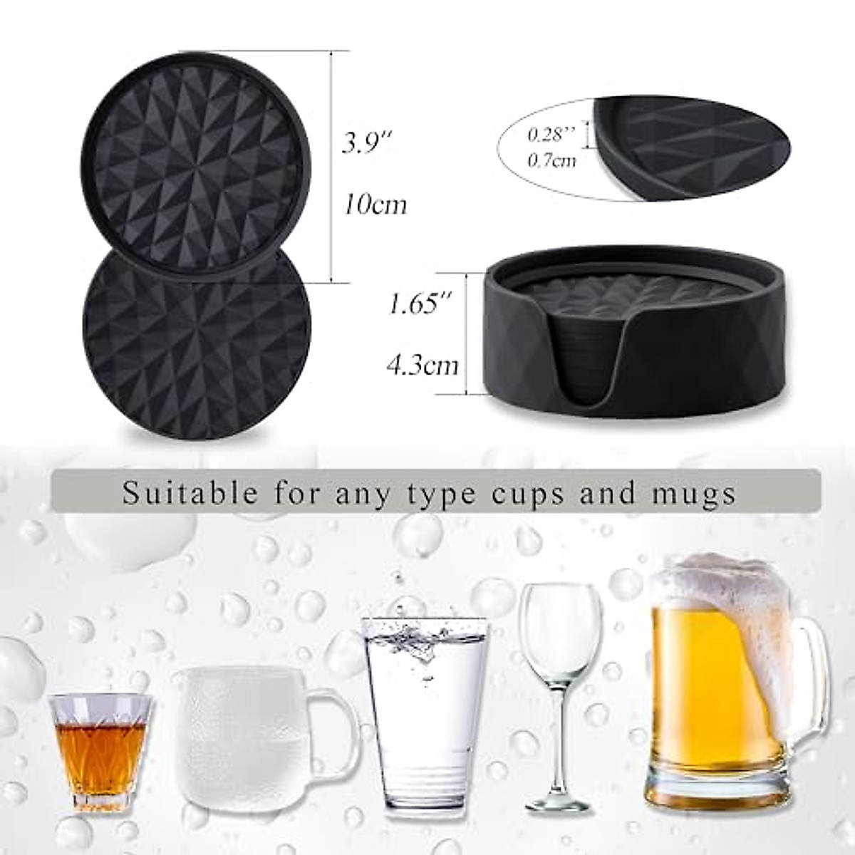 Wingcases Silicone Coasters for Drinks[6 Pack]- Cup Mat with Holder for Tabletop Protection-Non-Slip, Non-Stick, Coffee Table Decor, Great Gift for Any Occasion, Black