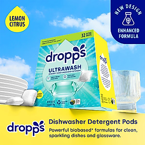 Dropps UltraWash Dishwasher Pods, Lemon Citrus (32 Count) - Biobased Power Deep Clean Dishwasher Detergent Tablets for Sparkling Shiny Dishes - No Rinse Aid or Pre-Wash Needed - Dishwashing Pods