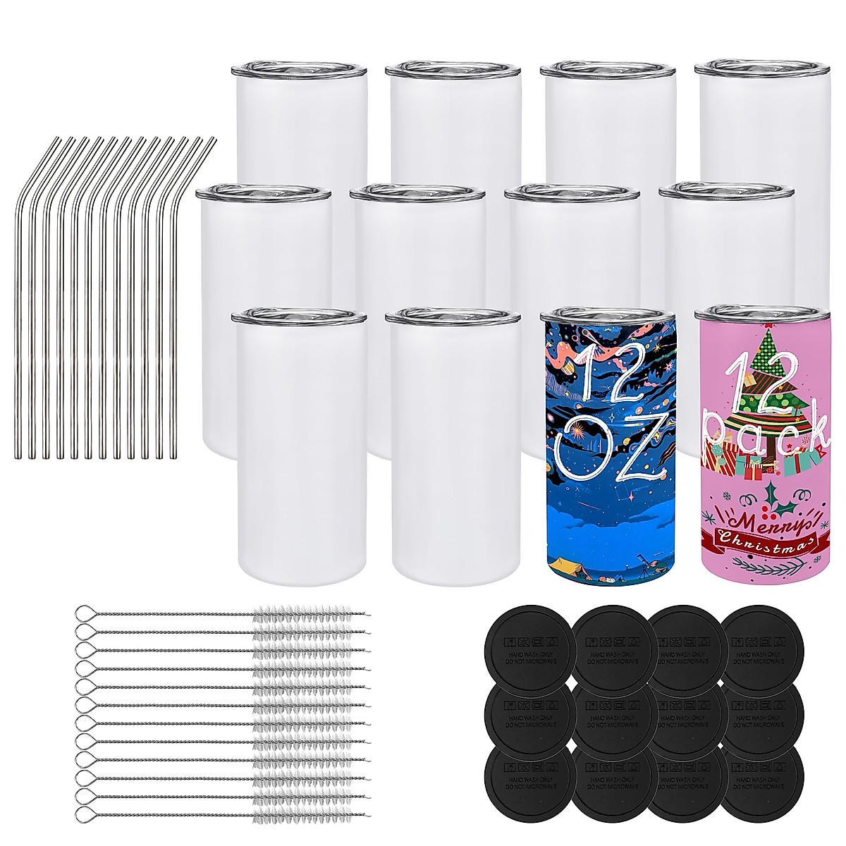 JYLJINGYULI 12 Pack 12 oz Sublimation Tumblers Blanks, 12oz Sublimation Tumbler Cups Blank Bulk, Straight Skinny Insulated Cup Stainless Steel Water Bottle with Lid and Straw for Craft DIY…