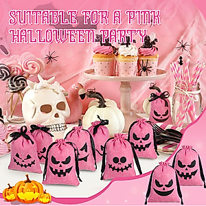Paterr 48 Pcs 5 x 7 Inch Halloween Burlap Treat Bags Bulk Halloween Party Favors Pumpkin Goody Gift Bags with Drawstring Small Candy Pouches for Kids Halloween Trick or Treat Candy Bags(Pink)