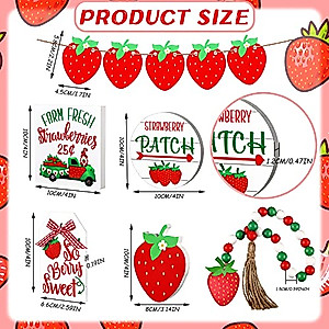 10 Pcs Summer Tiered Tray Decor Farmhouse Wood Tiered Tray Decor Lemon Watermelon Strawberry Sunflower Decor Kitchen Standing Sign Bead Garland Banner for Home Decor(Strawberry Theme)