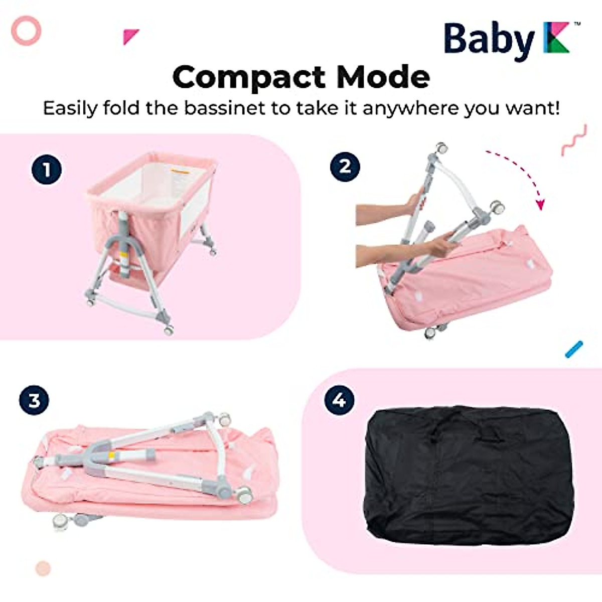 BABY K Baby Bassinet Bedside Sleeper (Pink) - 3 in 1 Bedside Bassinet Crib Attach To Bed - Convertible Bassinet With Breathable Attached Mesh Side and Mattress - Baby Co Sleeper For Bedside For Infant