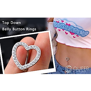 OUFER Titanium Belly Button Rings, Heart Shaped Reverse Belly Ring, Paved CZ Crystal Top-Down Belly Button Piercing, 14G Navel Rings for Women Men…