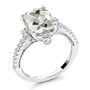Gem Stone King 925 Sterling Silver Green Prasiolite and White Created Sapphire Ring For Women (3.00 Cttw, Cushion Cut 10X8MM, Available in size 5, 6, 7, 8, 9)