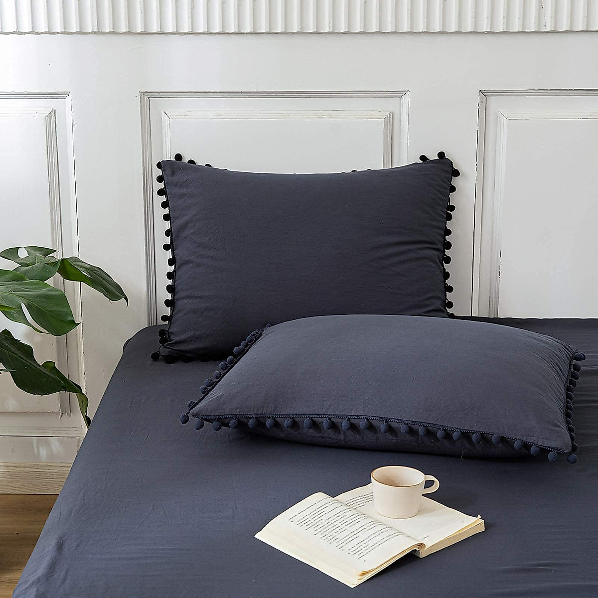 Navy Blue Pom Poms Pillowcases, Dark Blue Standard Queen 20x30 Inches Pillowcases Set of 2, 100% Washed Microfiber, Navy Fringe Pillow Shams, 2 Pack (Standard, Navy Blue)