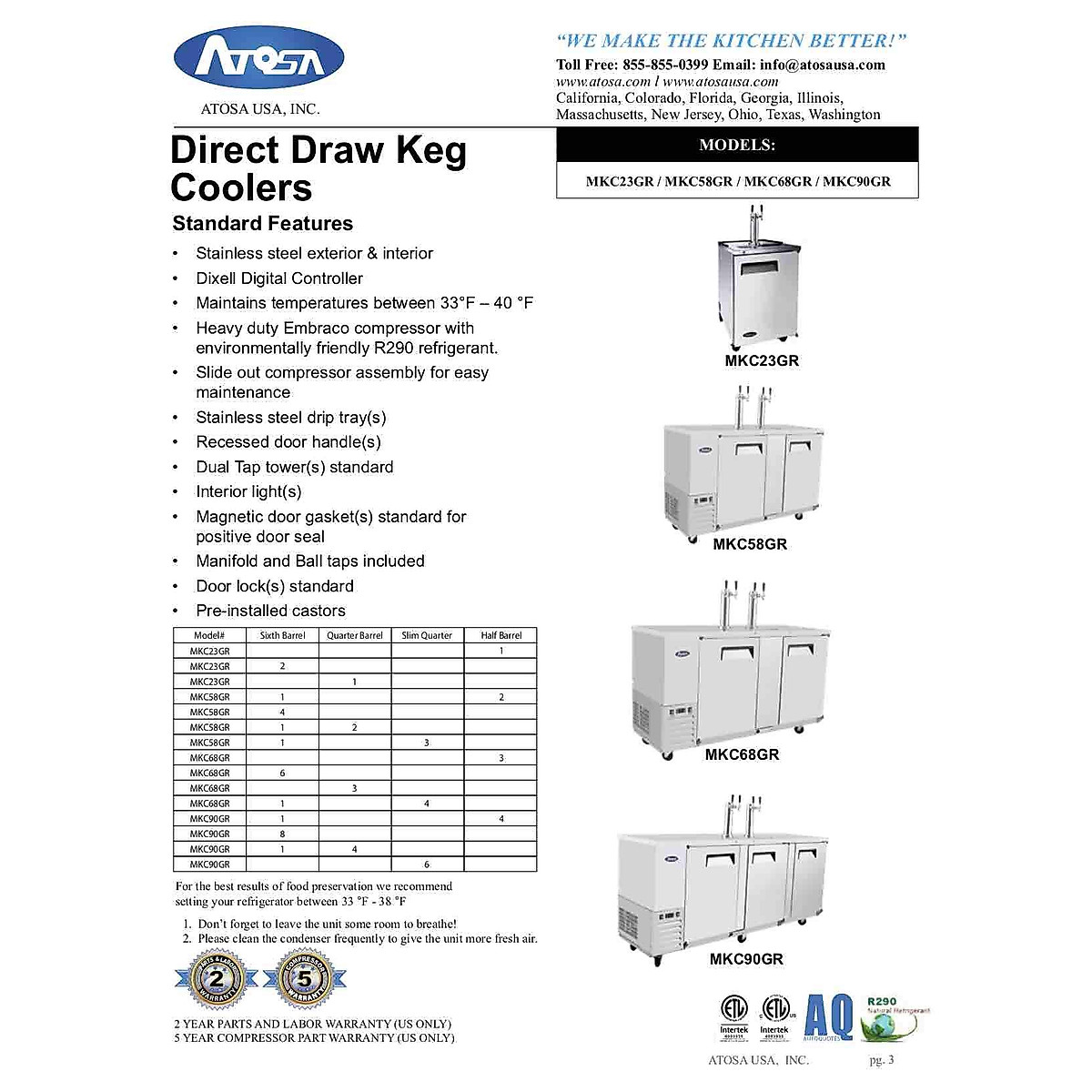 23 1 Door Back Bar Beer Keg Cooler with Single Faucet Tower Atosa MKC23