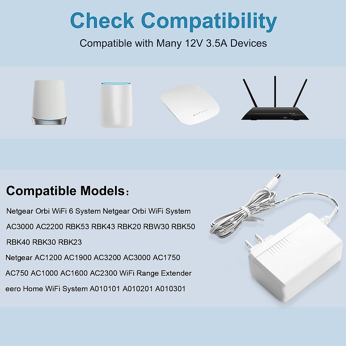 Juyoon 12V 3.5A Charger ac Adapter for Netgear Orbi WiFi System AC3000 AC2200 RBK53 RBK43 RBK20 RBW30 RBK50 RBK40 RBK852 RBK853, eero Home WiFi System A010101 A010201 A010301 Battery Charger