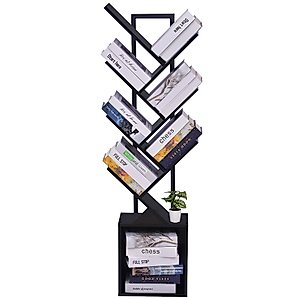 YSVCO 7 Tier Tree Bookshelf, Tall Narrow Wood Book Shelf, Freestanding Bookcase with Storage Cabinet, Floor Standing Display Storage Shelf for CD/Book, Living Room, Home Office Black BS36BS