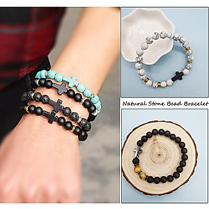 CASDAN 12Pcs Cross Beads Bracelet for Men Women 8mm Lava Tiger Eye Stone Stretch Bracelets Set