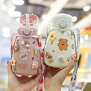 MOMEITU Kawaii Water Bottle Stainless Steel Water Bottle Cute 3D Sticker Insulated Water Bottle Cute Drug Water Bottle(500ML,white)
