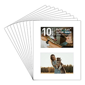 Golden State Art, Bevel Cut Mats for Two Photos, Acid-Free White Core for Photographs, Prints, Artworks - Great for Graduations, Frames (White, 8x10 Mats for 4x6 Pictures, Pack of 10)