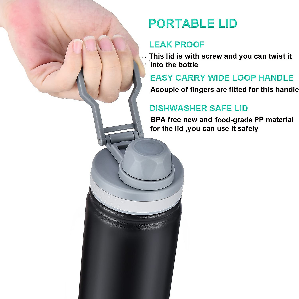 Hytodre Insulated Water Bottle,Stainless Steel Vacuum Insulated Water Bottle, Double-Wall Thermos Water Bottle with Leak Proof Spout and Handle Lid,Black,18oz