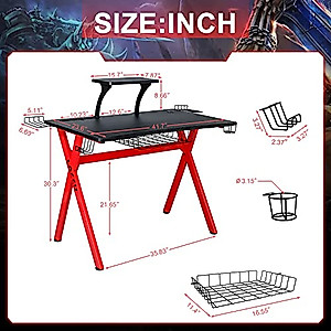 OKL 42” Gaming Desk- Home Office Computer Table, Black Carbon Fiber Gamer Workstation with Monitor Support，Headphone Hook，Pad Groove，Cable Management Holes，Storage Basket for PS4 Xbox (Red)