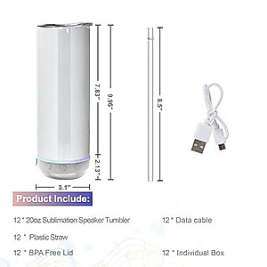 Icesip 12 Pack Music Speaker Tumbler, 20 oz Sublimation Tumbler Skinny Straight Double Wall Cup with Straw Lid & USB Charging Cable 6 Colors