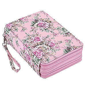 BTSKY Colored Pencil Case- 200 Slots Pencil Holder Pen Bag Large Capacity Pencil Organizer with Handle Strap Handy Colored Pencil Box with Printing Pattern Pink Rose