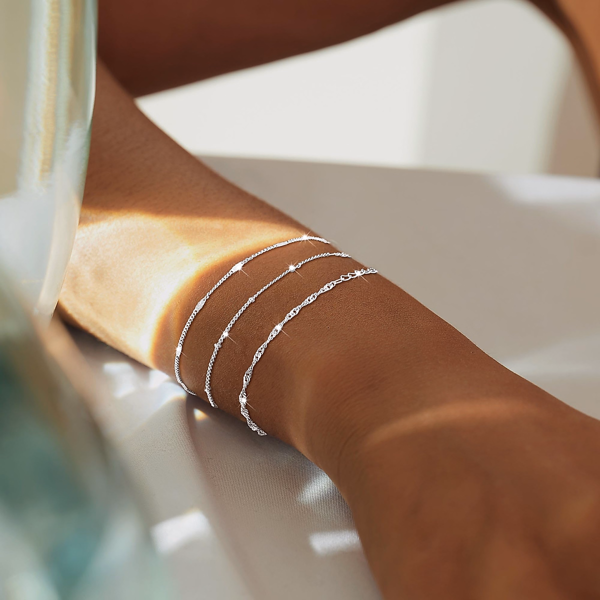 Picuzzy Silver Bracelet for Women, 14k Gold/Sterling Silver Bracelets for Women Dainty Stackable Bracelets for Women Trendy Waterproof Womens Figaro Rope Stack Bracelet Set Box Paperclip Chain