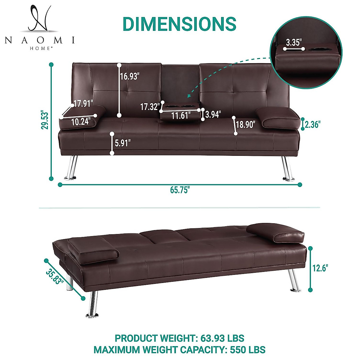 Naomi Home Transform Your Living Space with Comfort Espresso Futon Sofa Bed with Armrest, Cupholders, & Reclining Function, Ideal for Cozy Living Rooms! Sofa Bed Couch with Metal Legs, Faux Leather