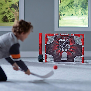 Franklin Sports NHL Kids Knee Hockey Goal Set - Mini Hockey Goal + Stick Set - Automatic Hockey Ball Passer, Goal & Target Set - Youth Toy Hockey Set