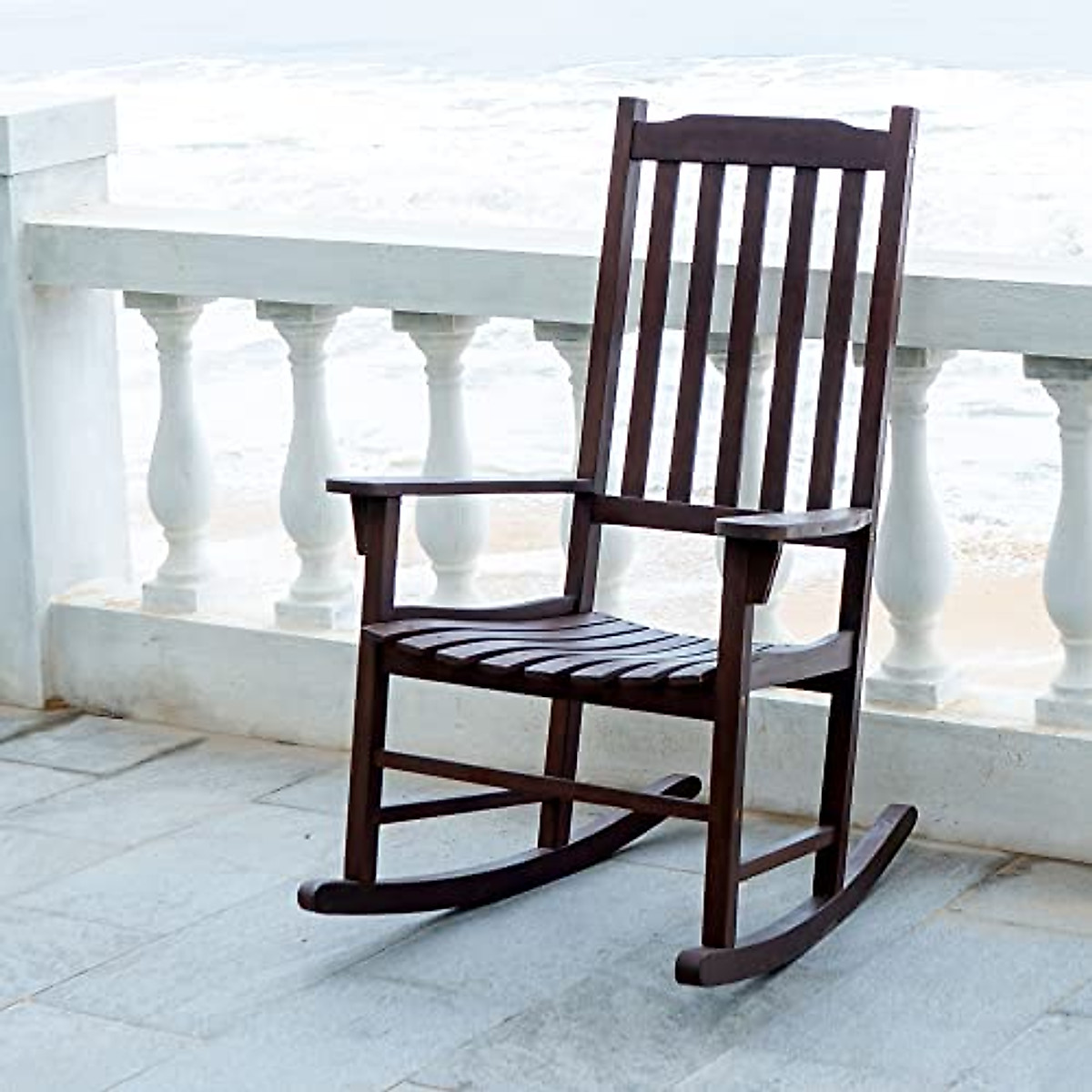 Merry Products Traditional Acacia Hardwood Rocking Chair with Curved Seat and Wide Armrests for Outdoor or Indoor Use, Dark Stain
