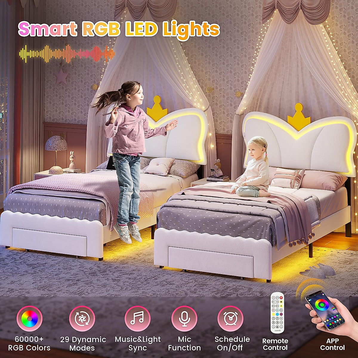 VIAGDO Twin Bed Frames with LED Lights and Storage Drawer, Upholstered Bed Frame Twin Size with Height Adjustable Crown Headboard, Type C and USB Charging Ports, No Box Spring Needed, White