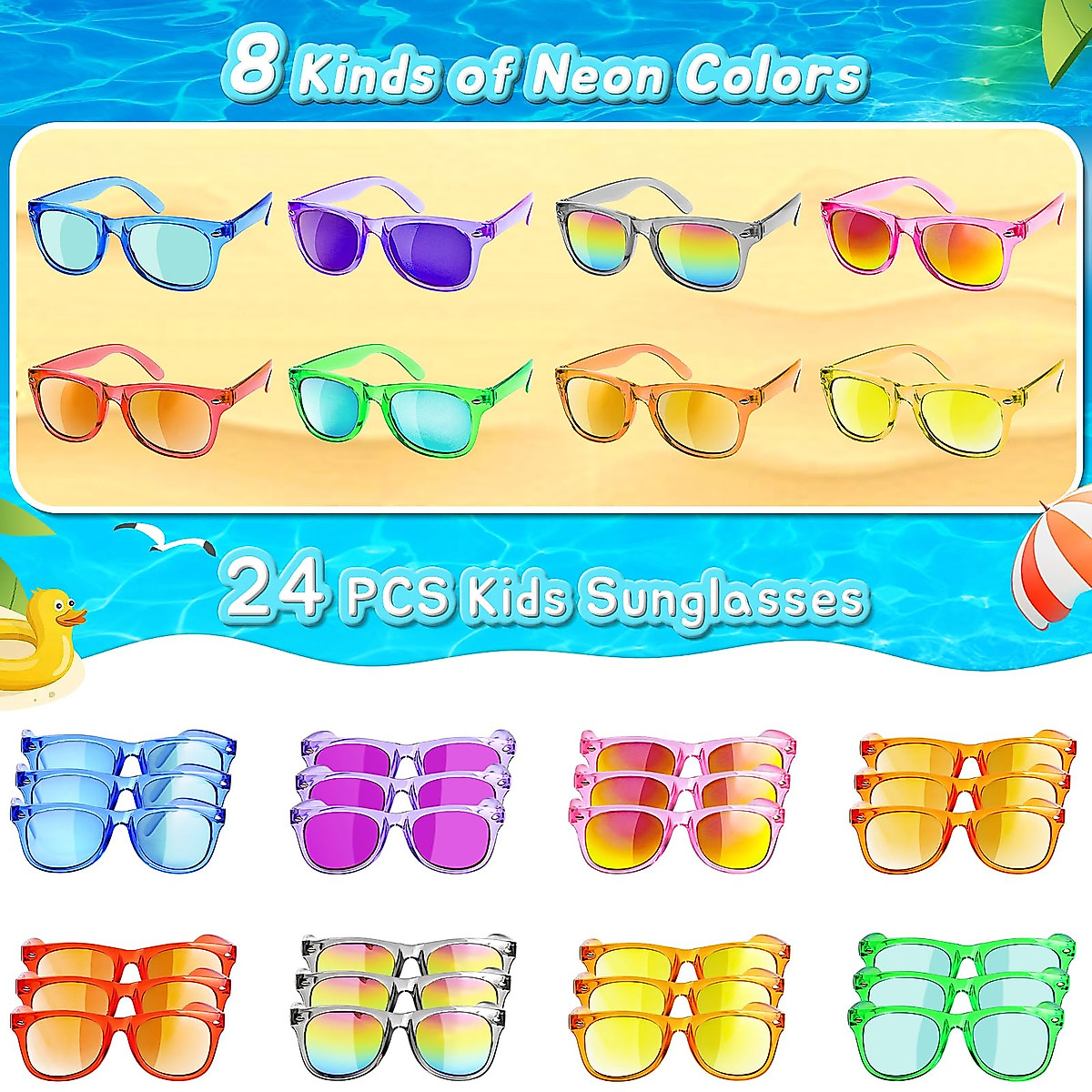 Kids Sunglasses Party Favors - 24 Packs Sunglasses Bulk for Kids with UV400 Protection in Bulk for Boys and Girls，Neon Sunglasses for Kids Birthday Graduation Party Gift