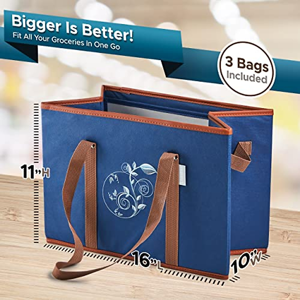 Liviable Reusable Grocery Shopping Bags, Foldable, Heavy Duty Tote, Box Bags with Long Handles and Solid Bottom, Large - Set of 3, Navy Blue