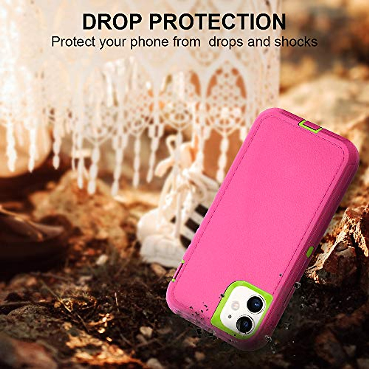 CAFEWICH iPhone 11 Case, Heavy Duty Shockproof 3-Layer Full Body Protective High Impact Tough Hybrid Rubber Rugged Durable Phone Cover for iPhone 11 6.1'' - Hot Pink Green