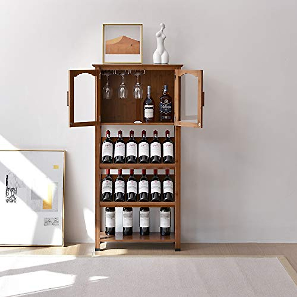 WITANHURST Mini Home Bar Cabinet with Wine Glass Storage, Bamboo Wine Cabinet Bar Furniture Wine Storage Racks Shelf Bottles Holder Organizer, Wine Glass Rack Holds 6 Stemmed Wine Glasses