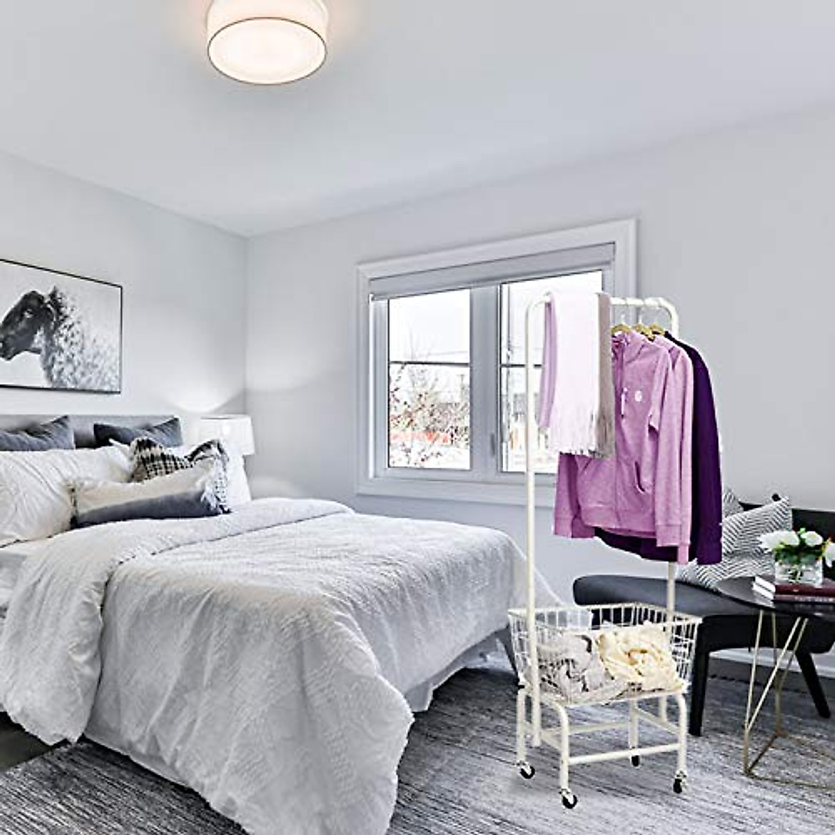 Rolling Laundry Hamper Basket Cart with Wire Storage Rack and Hanging Rack White