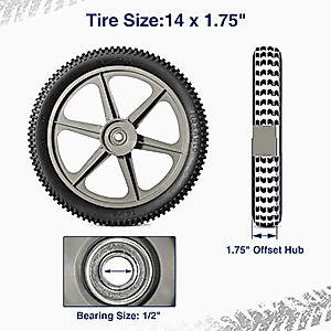 MaxAuto 14 x 1.75" Spoked Plastic Wheel with Tire, Black,2 Pack, 1.75" Offset Hub Length,1/2" inside Bearing