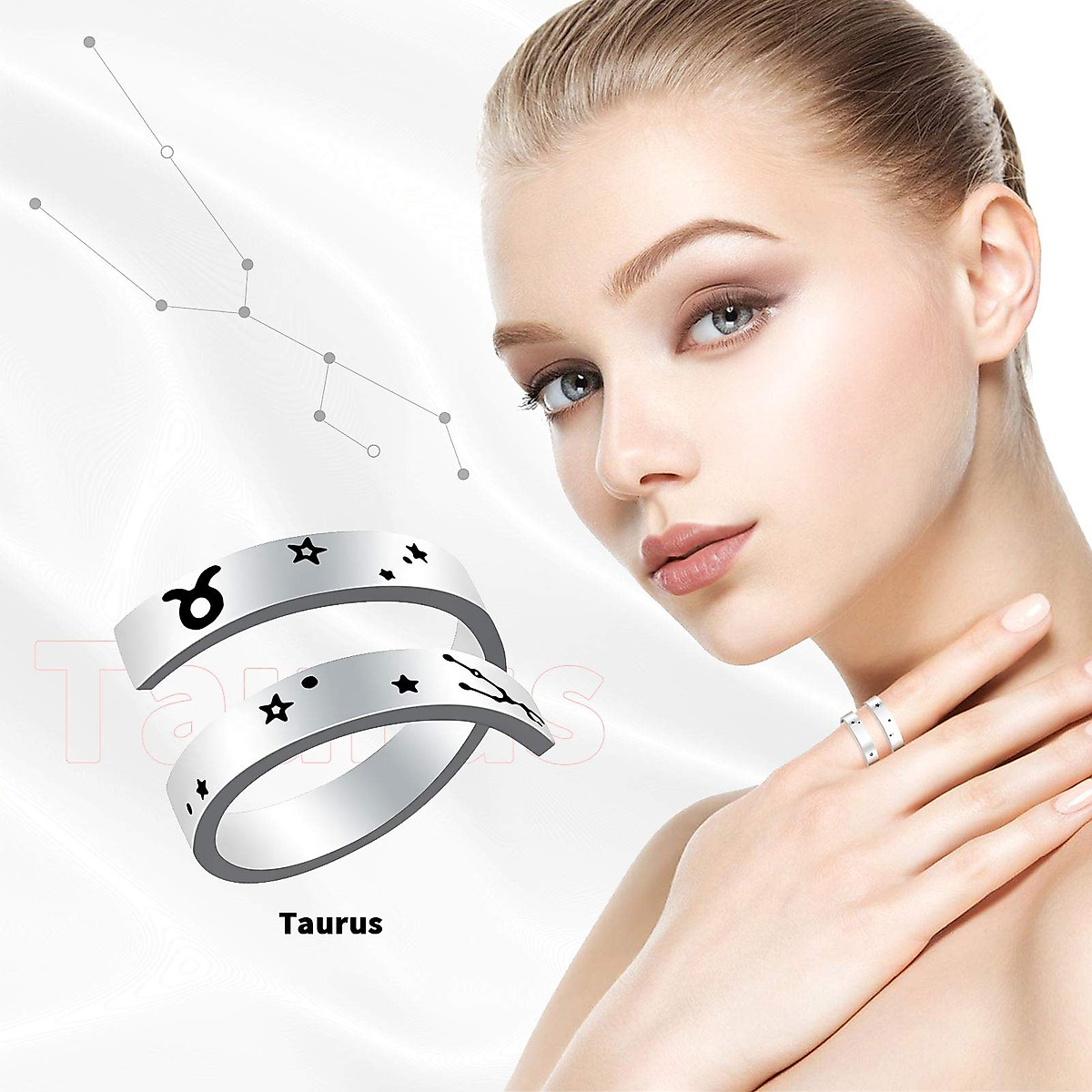 Zeponny Engraved Zodiac Ring, Surgical 316L Stainless Steel Statement Open Finger Rings, Horoscope Astrology Thumb Band Jewelry Gift for Women Men, US Size 8-9