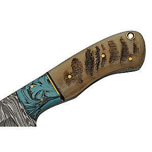 Szco Supplies 8.25" Ram Horn Handle Damascus Steel Turquoise Hunting Knife with Leather Sheath
