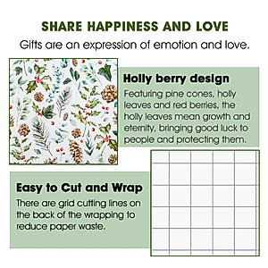 Afucus Christmas Wrapping Paper, Mini Rolls, Christmas Pine Cones, Holly Leaves, Red Berries, Merry Christmas Gift Wrapping Paper Rolls for Christmas, Party, Birthday, Holidays (17 Inch X 33 Feet)
