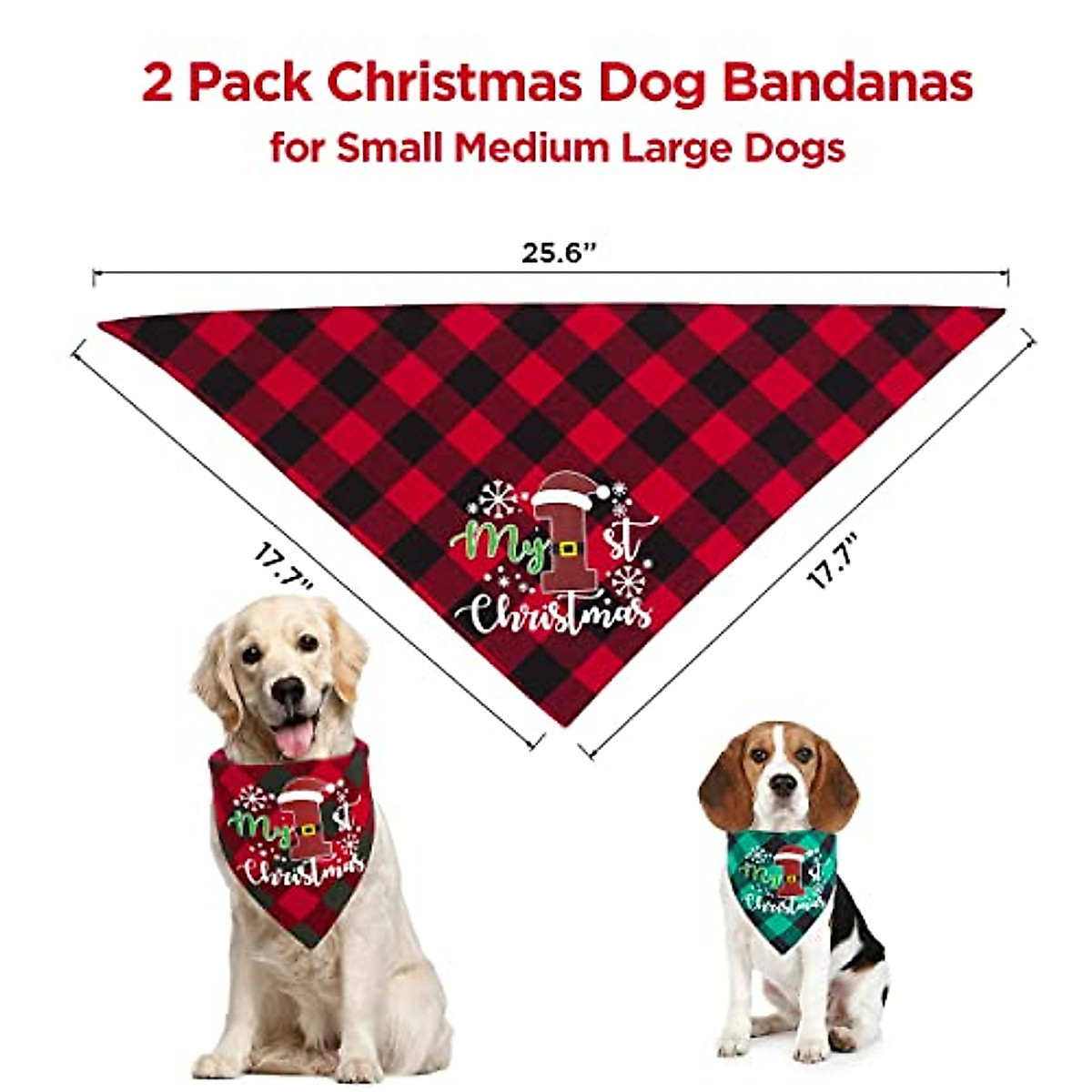 Dog Bandanas - 2 Pack | Christmas Classic Buffalo Plaid Pattern | Premium Durable Pure Cotton | Pets Scarf Triangle Bibs Kerchief Bandana | Adjustable Fit & Suitable Dogs Cats