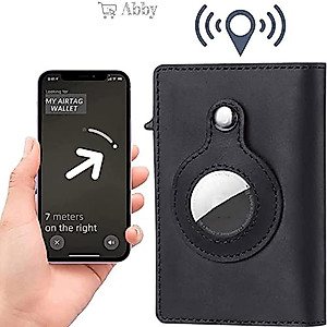 Abby's Anti-Lost Slim Leather AirTag Wallet with Apple AirTag Case (Midnight Black) RFID Protection, Smart Thin Minimalist Pop up Credit Card AirTag Holder Trackable Wallet